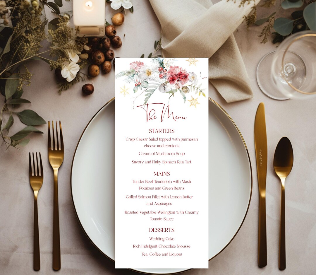 Winter Foliage Wedding Menu Template: Red Floral Christmas Design ...