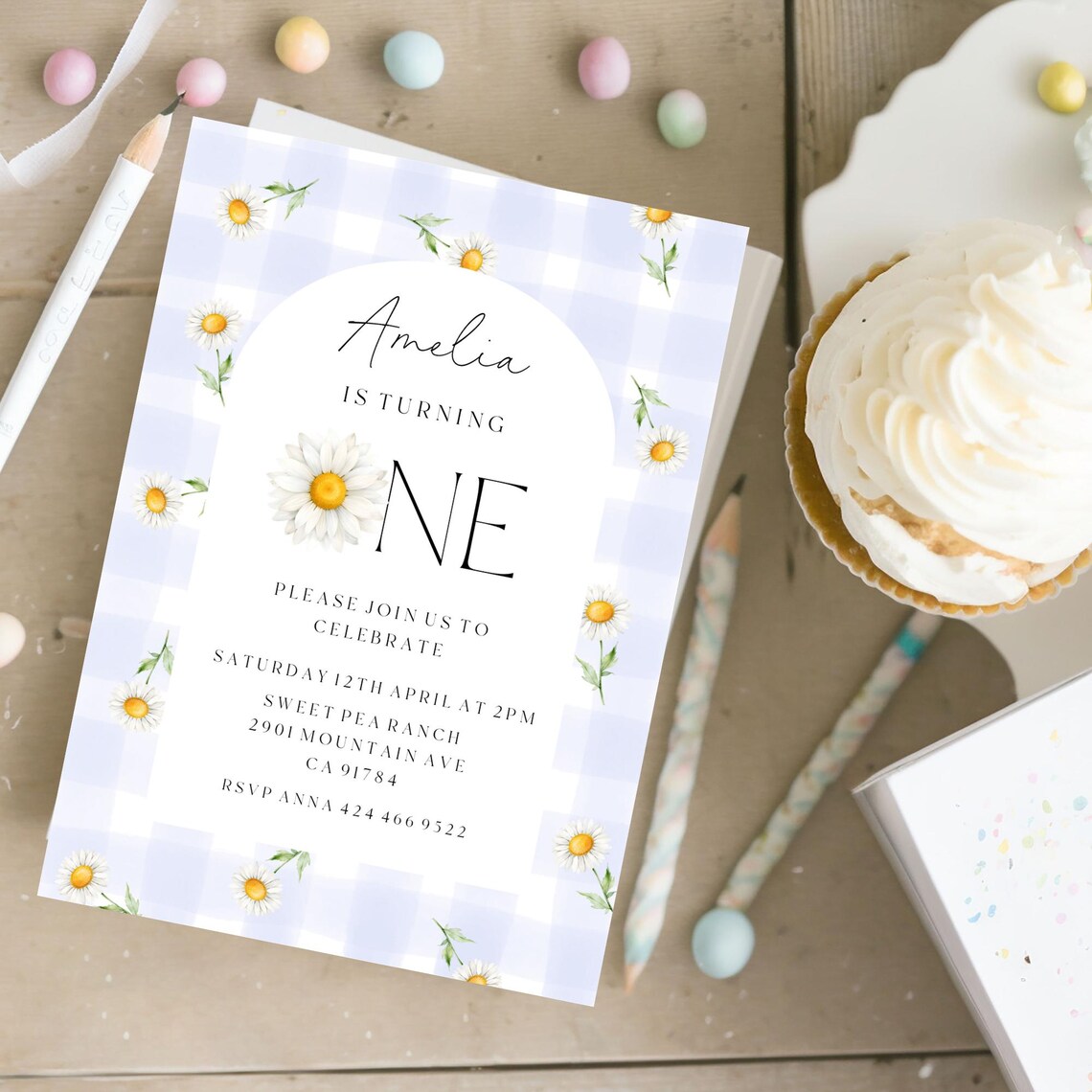 Daisy First Birthday Invitation Template: Gingham Print (digital File ...