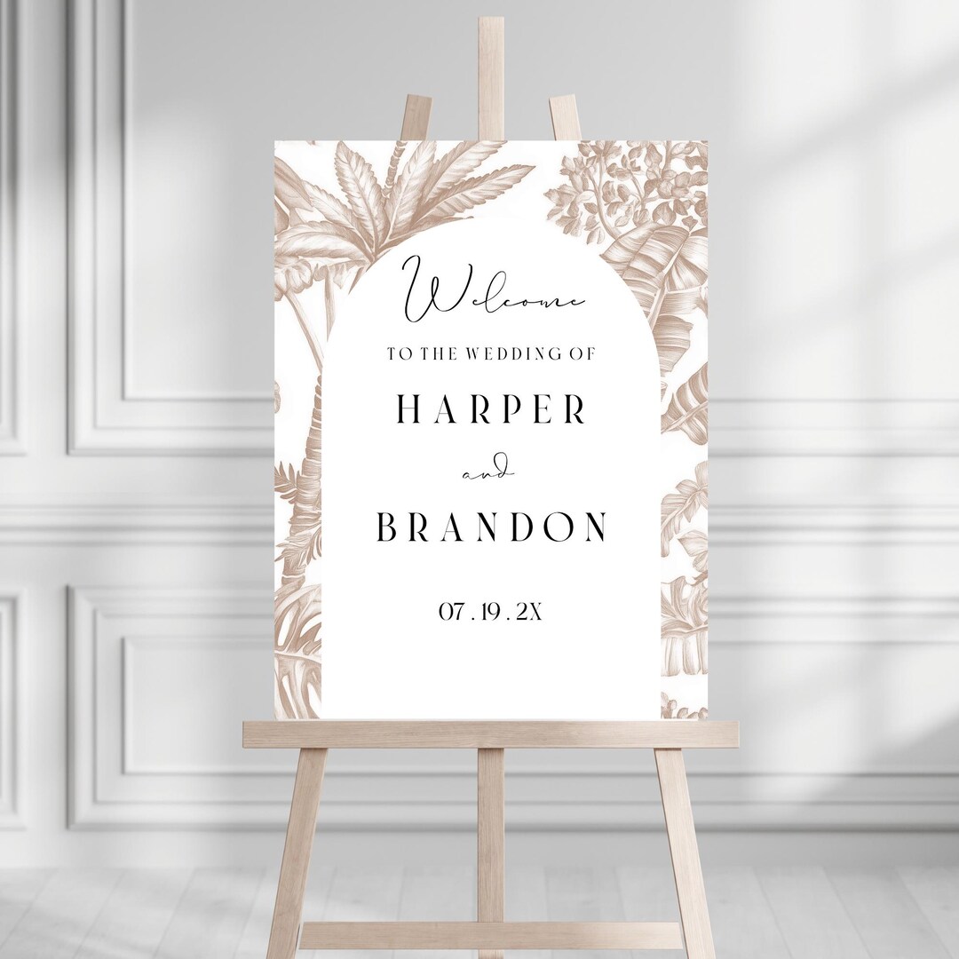 Neutral Tropical Wedding Welcome Sign Template, Beige Toile Tropical ...