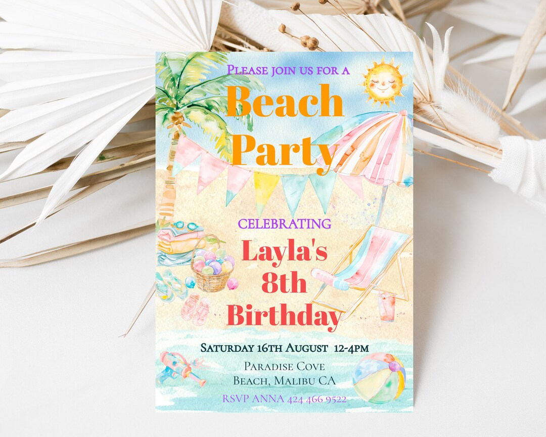 Beach Party Birthday Invitation Template, Kids Beach Bash Invite ...