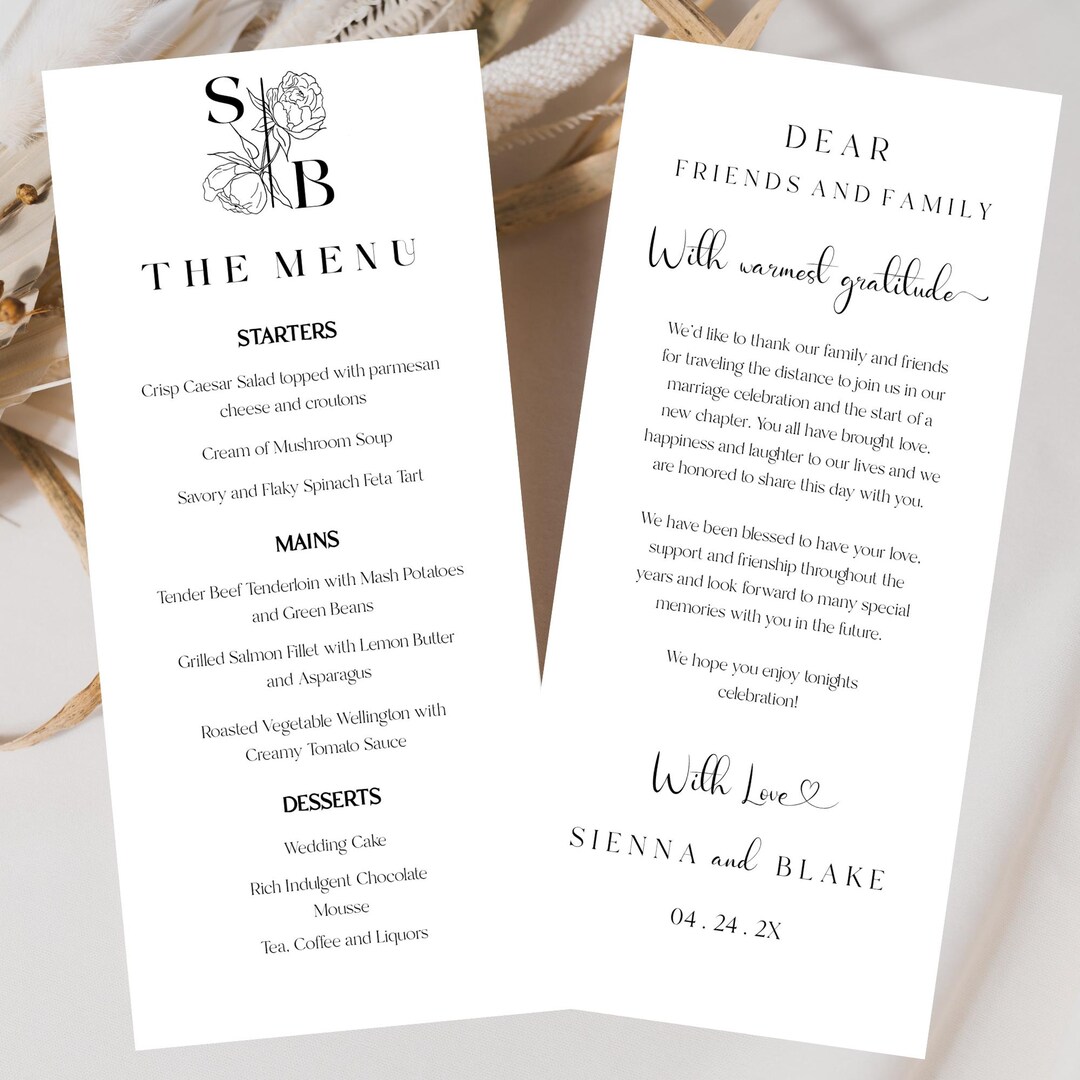 Modern Menu and Thank You Card, Black and White Menu and Thank You Card ...