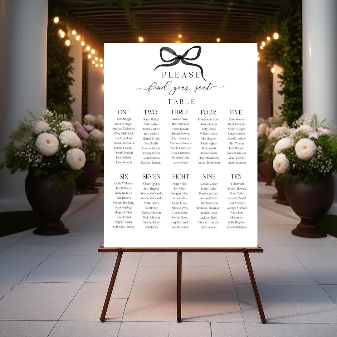 Modern Black Bow Wedding Seating Plan Sign Template, Minimalist Seating ...
