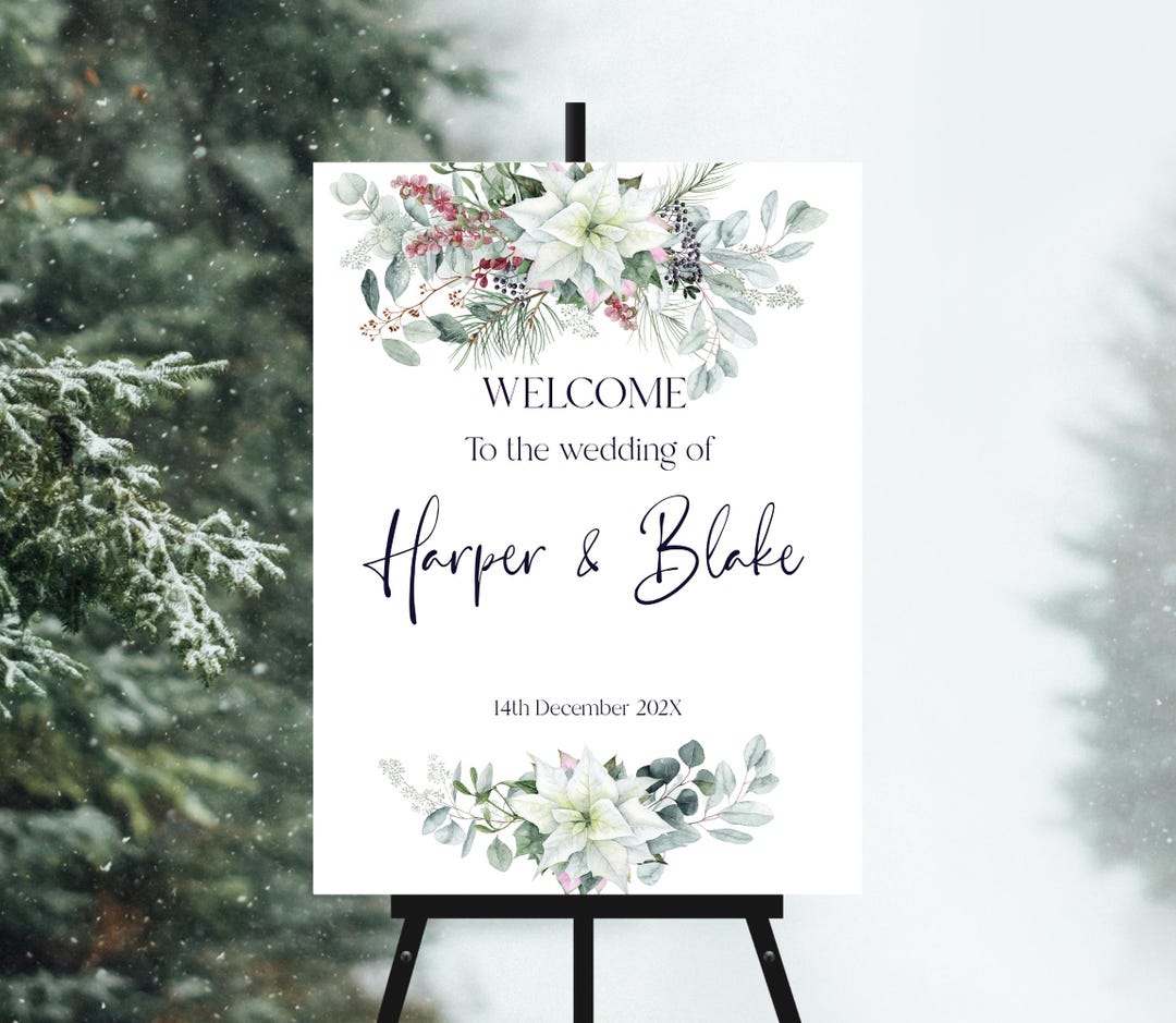 Winter Florals Xmas Wedding Welcome Sign Template, Winter Wedding ...