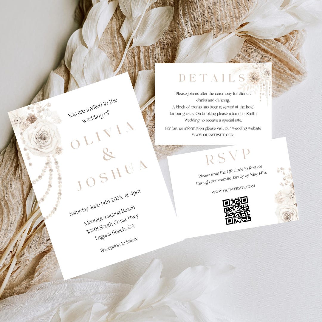 Neutral Floral Pearls Wedding Invitation Template Set, Elegant Roses ...