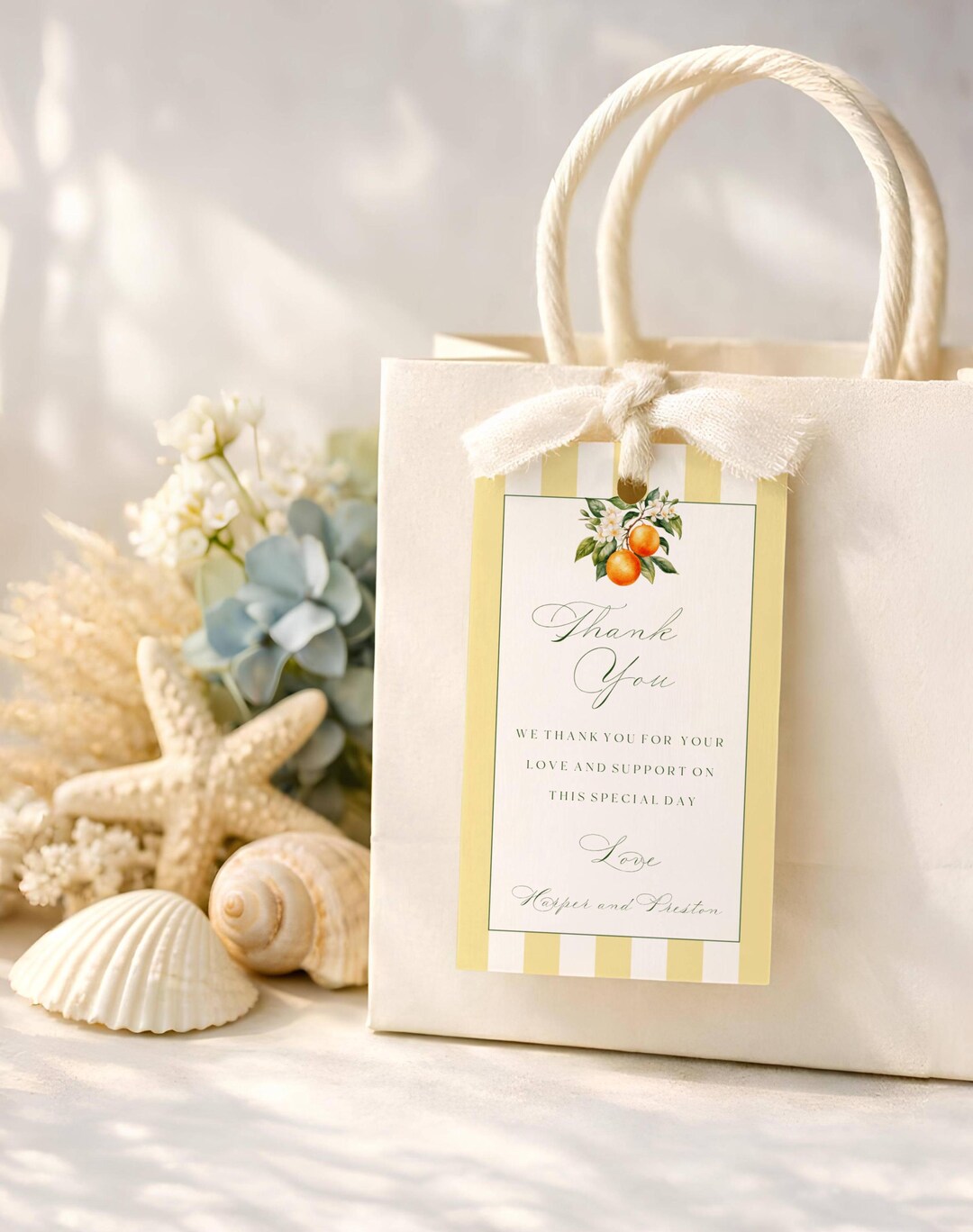 Orange Blossom Favor Tags, Striped Thank You Tags, Coastal ...