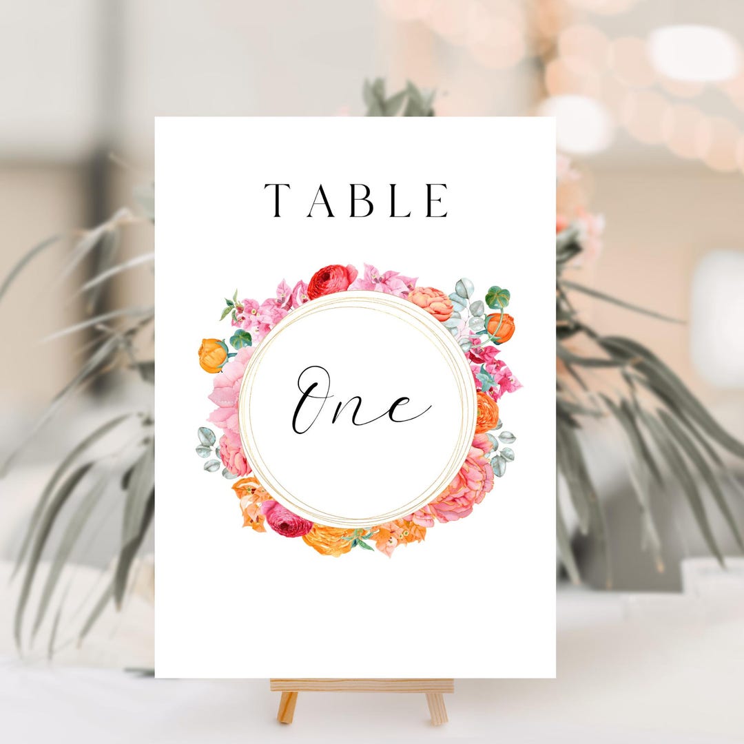 Bright Floral Table Number Sign Template, Bold Summer Blooms Wedding ...