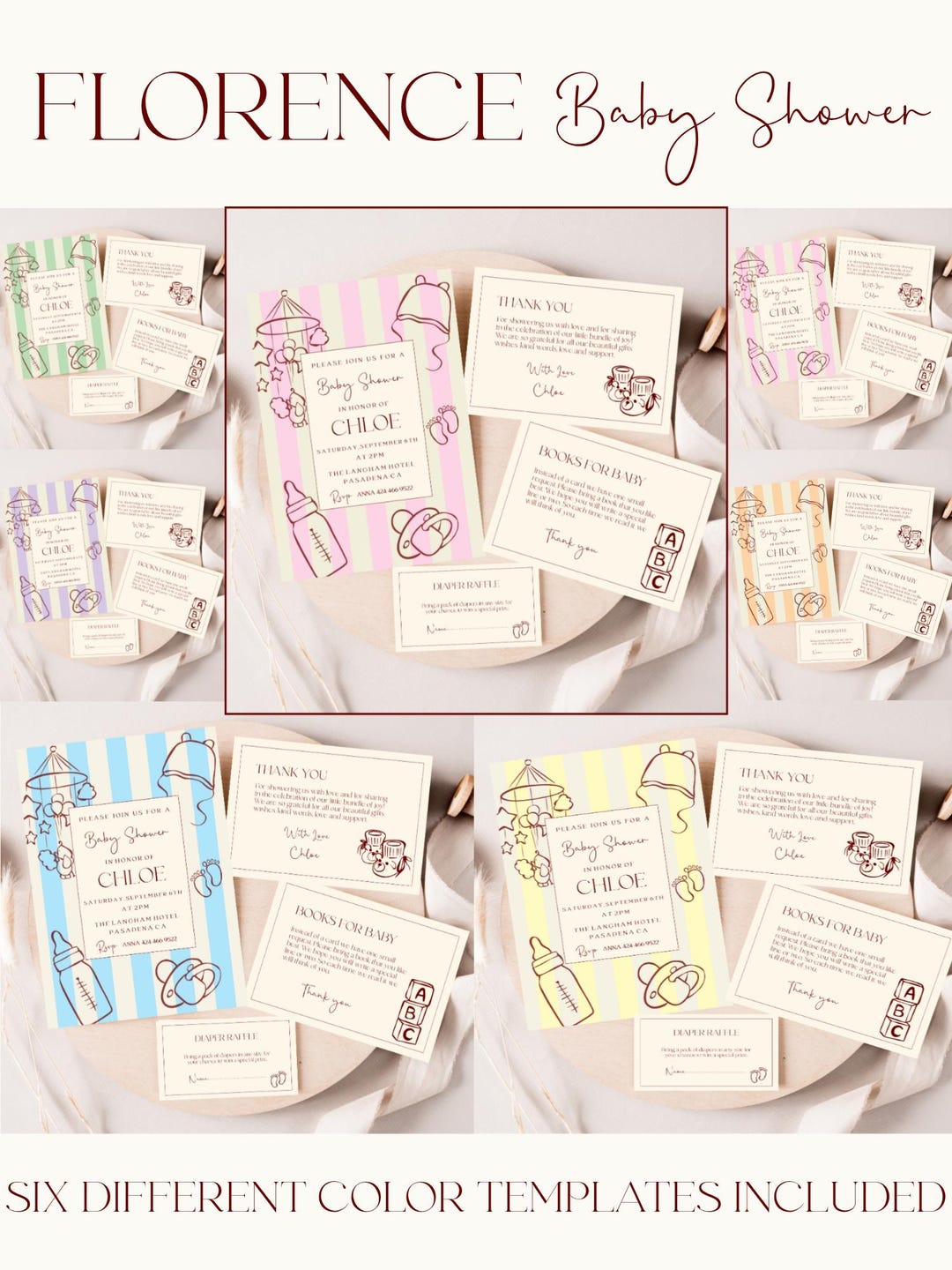Modern Colorful Baby Shower Invitation Set: Striped Printable Template ...