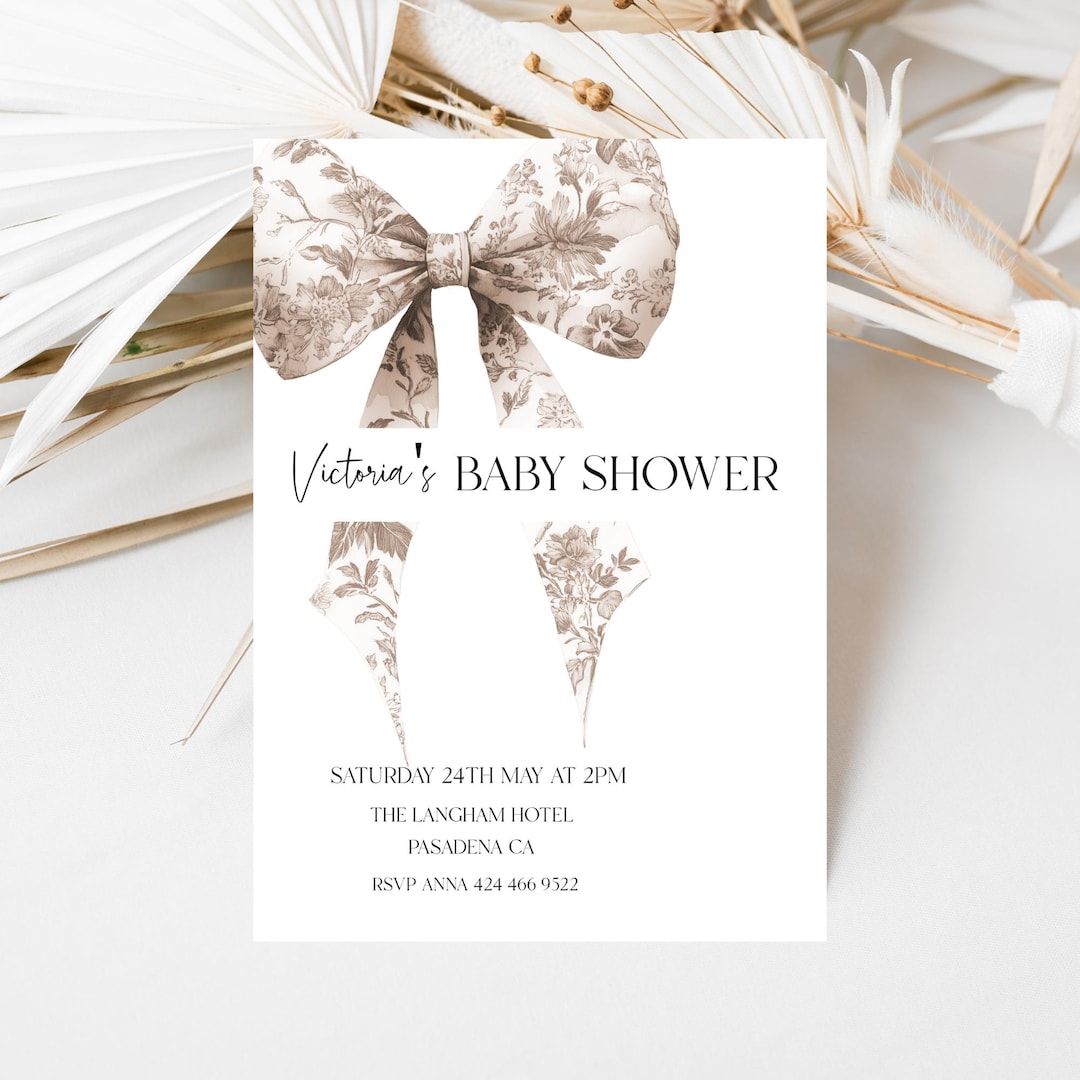 Toile Bow Baby Shower Invitation Template: Neutral Beige (printable ...