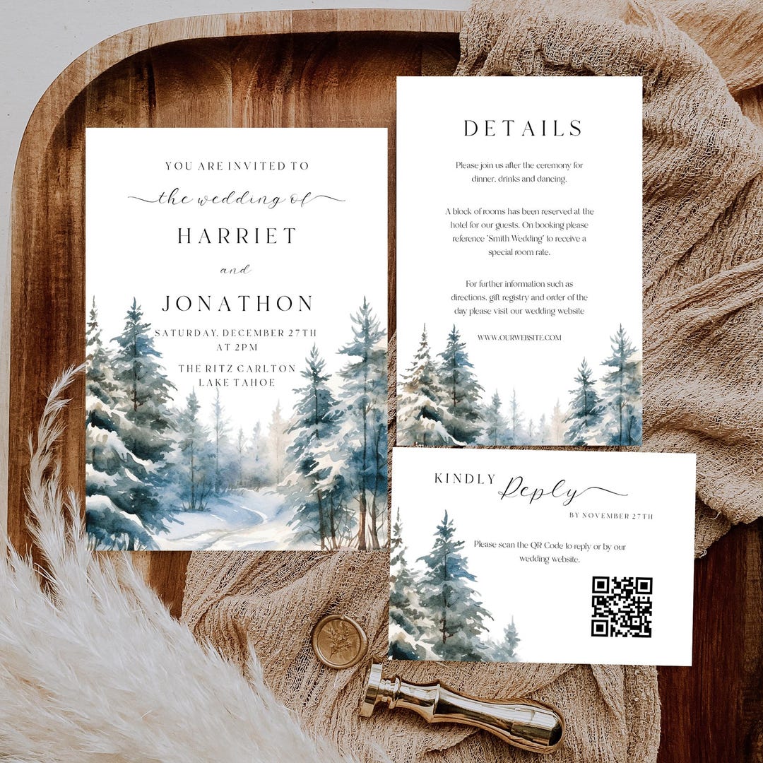 Winter Wedding Invitation Suite Template, Modern Snowy Forest Wedding ...