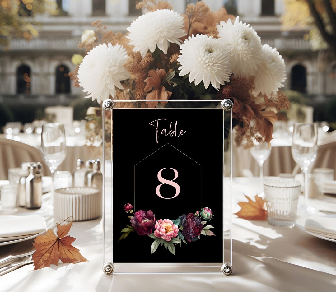 Elegant Black and Blush Floral Wedding Table Number Sign, Printable ...
