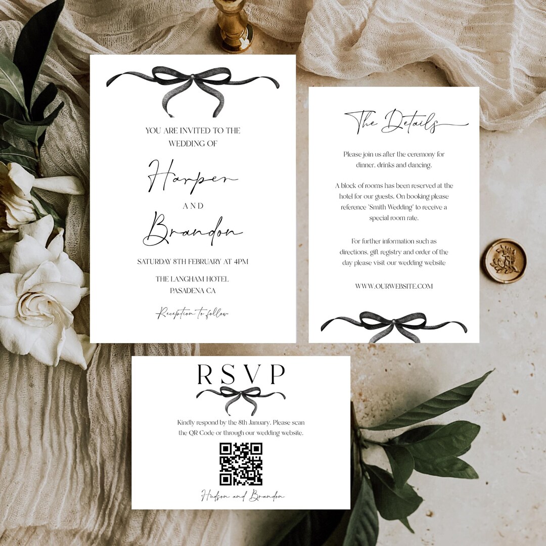 Modern Black Bow Wedding Invitation Suite Template, Minimalist Black ...