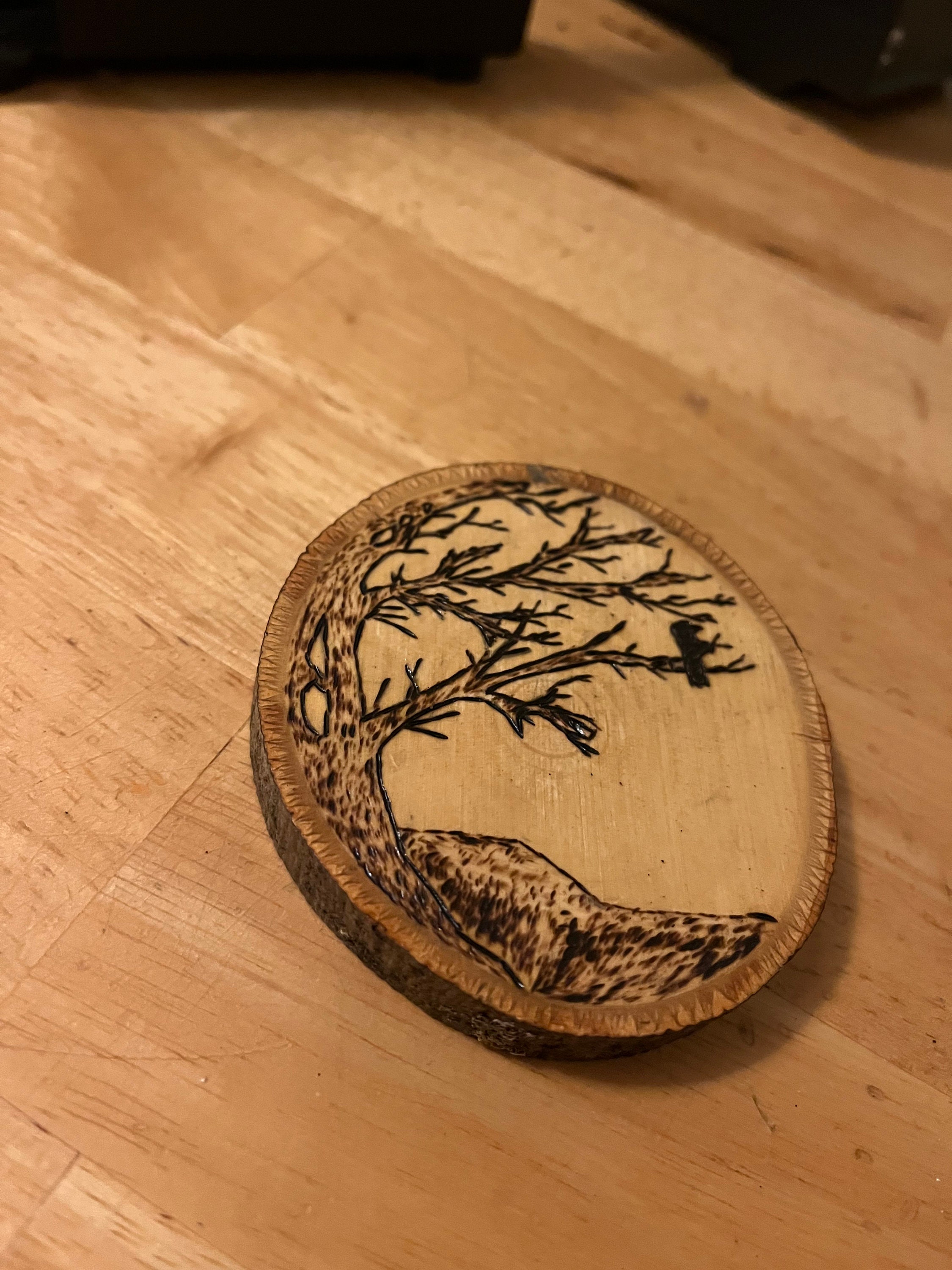 Handcrafted Wood Burned Coaster With Crow and Autumn Tree - Etsy
