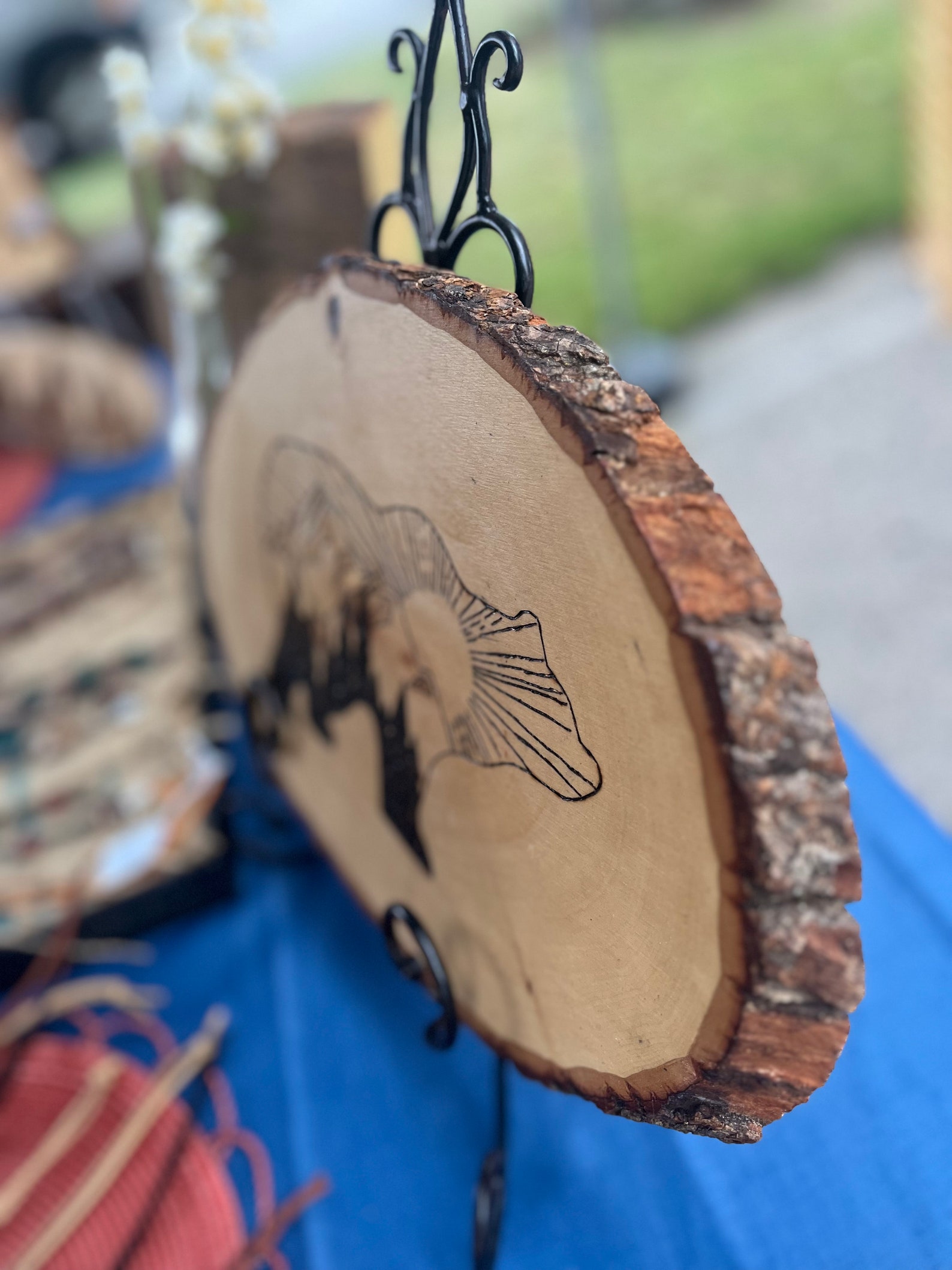 Handcrafted, Pyrography Wood Burned Bear, Mountain, Sun, Trees ...