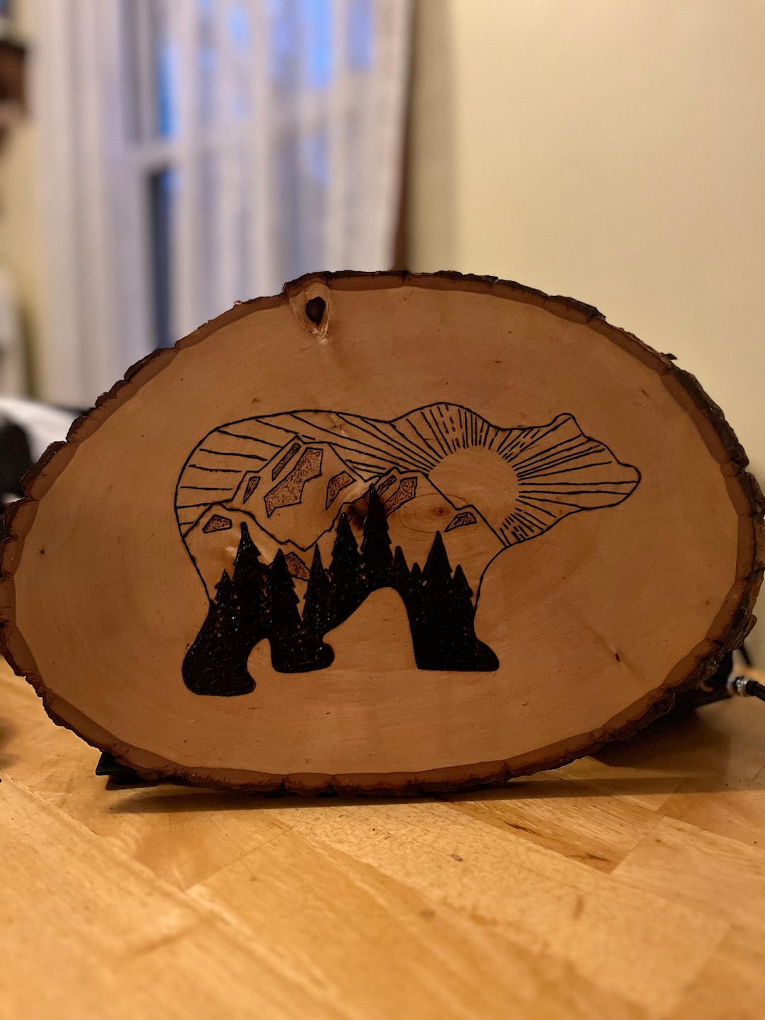 Handcrafted, Pyrography Wood Burned Bear, Mountain, Sun, Trees ...