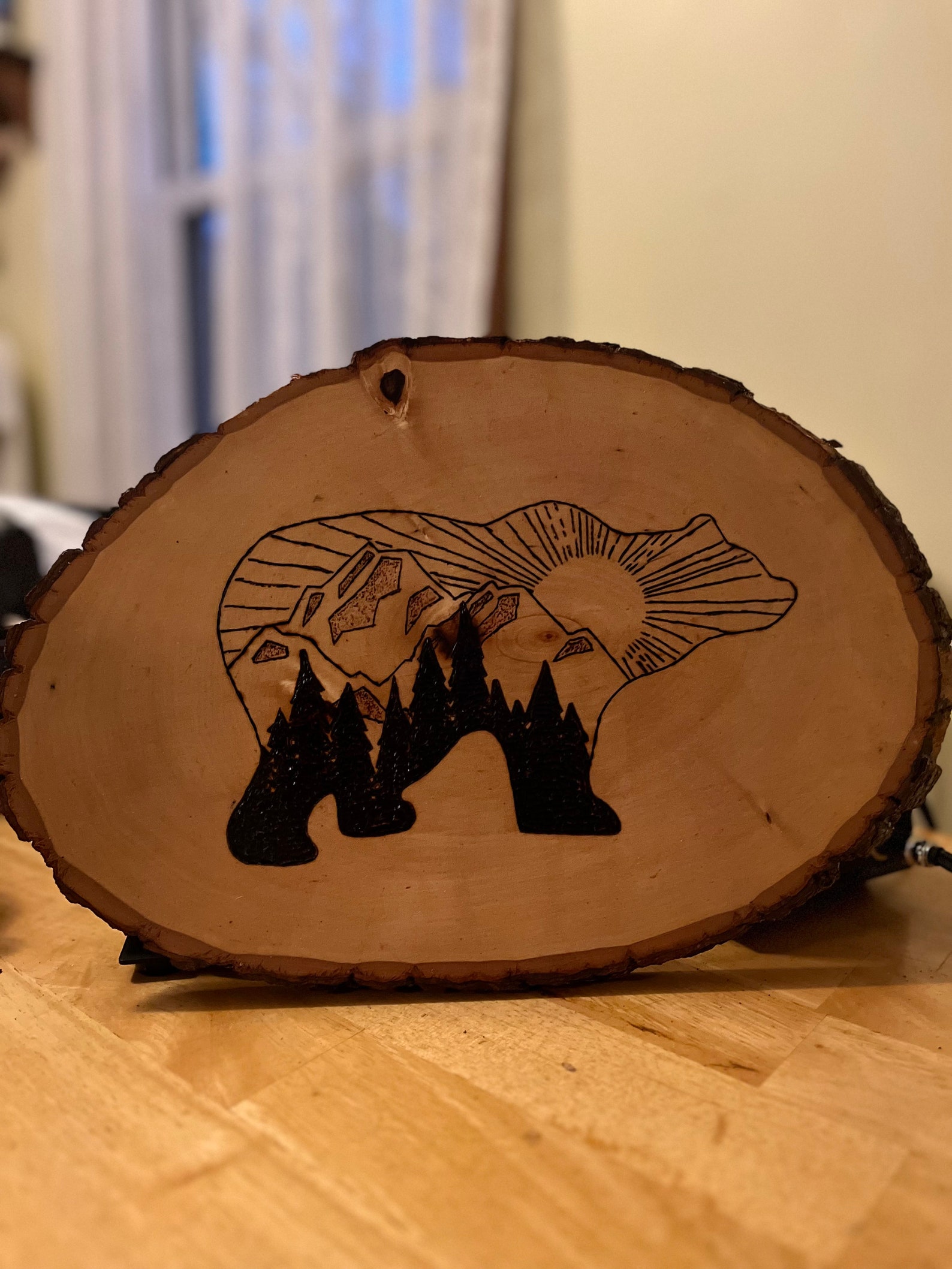 Handcrafted, Pyrography Wood Burned Bear, Mountain, Sun, Trees ...