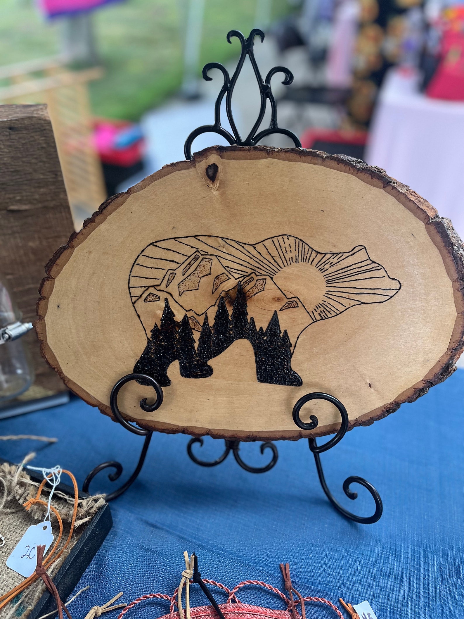 Handcrafted, Pyrography Wood Burned Bear, Mountain, Sun, Trees ...