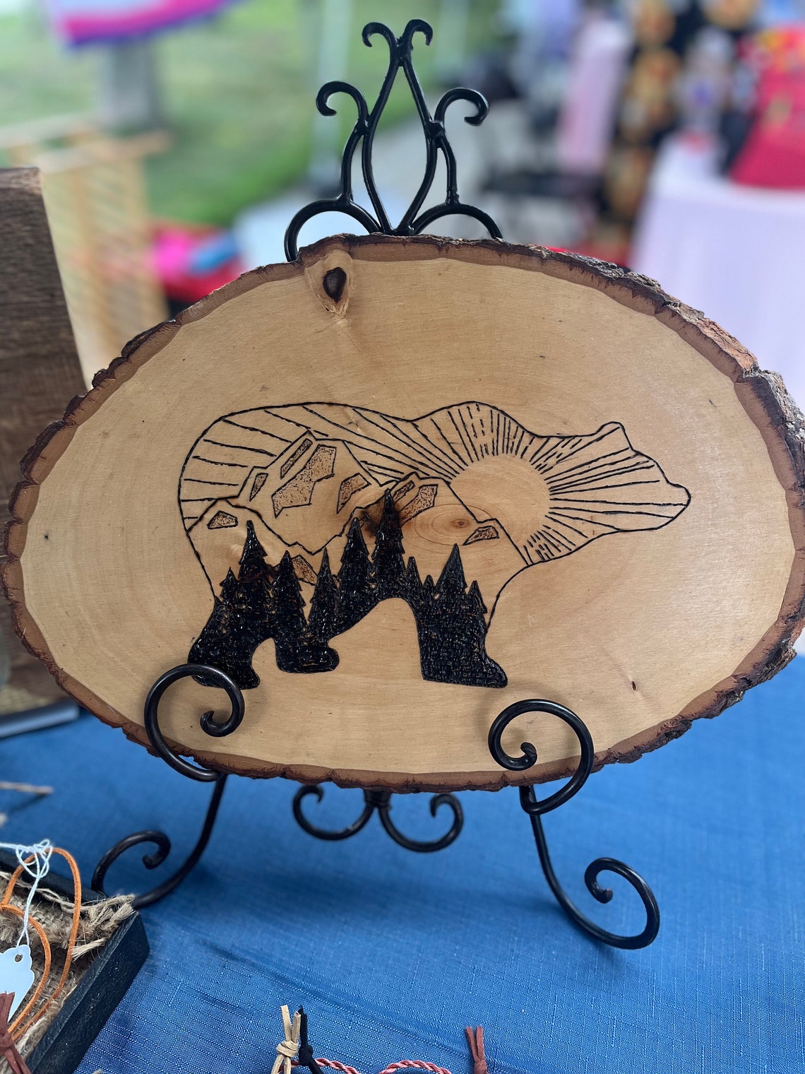 Handcrafted, Pyrography Wood Burned Bear, Mountain, Sun, Trees ...