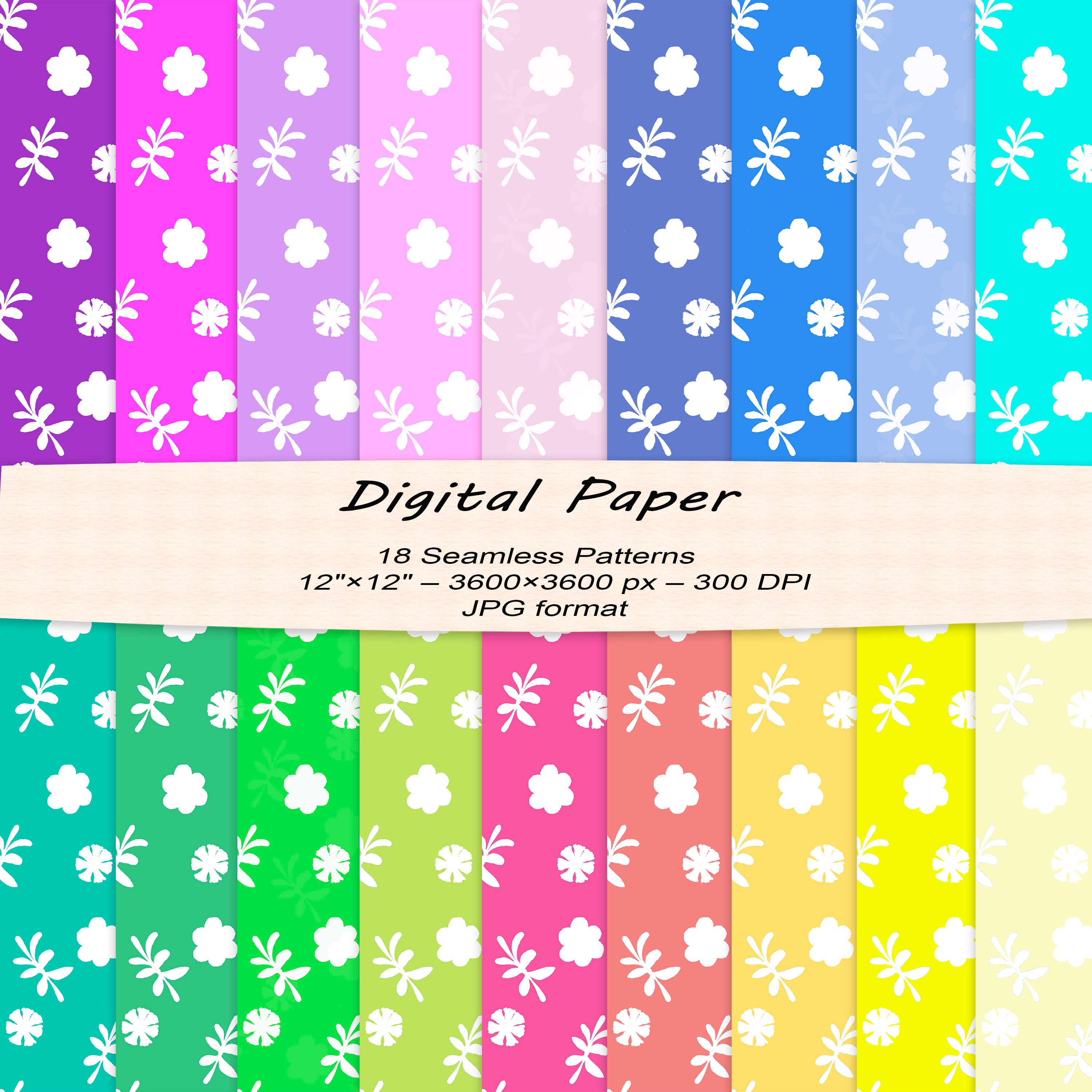 Flolar Digital Paper, Flower Seamless Pattern, Scrapbook Paper, Neon ...