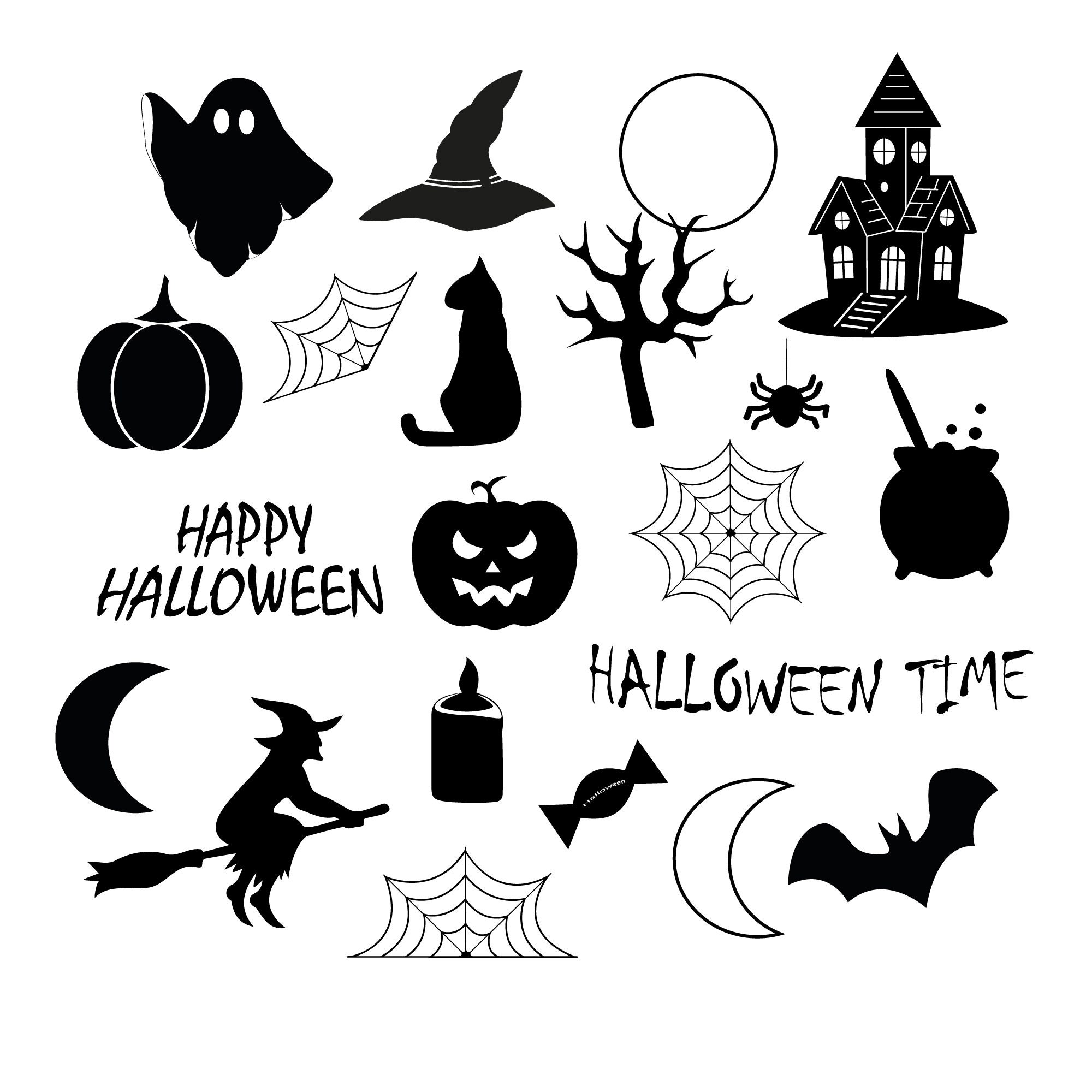 Halloween Silhouette Set in Black, Halloween Bundle Svg, Spooky Design ...