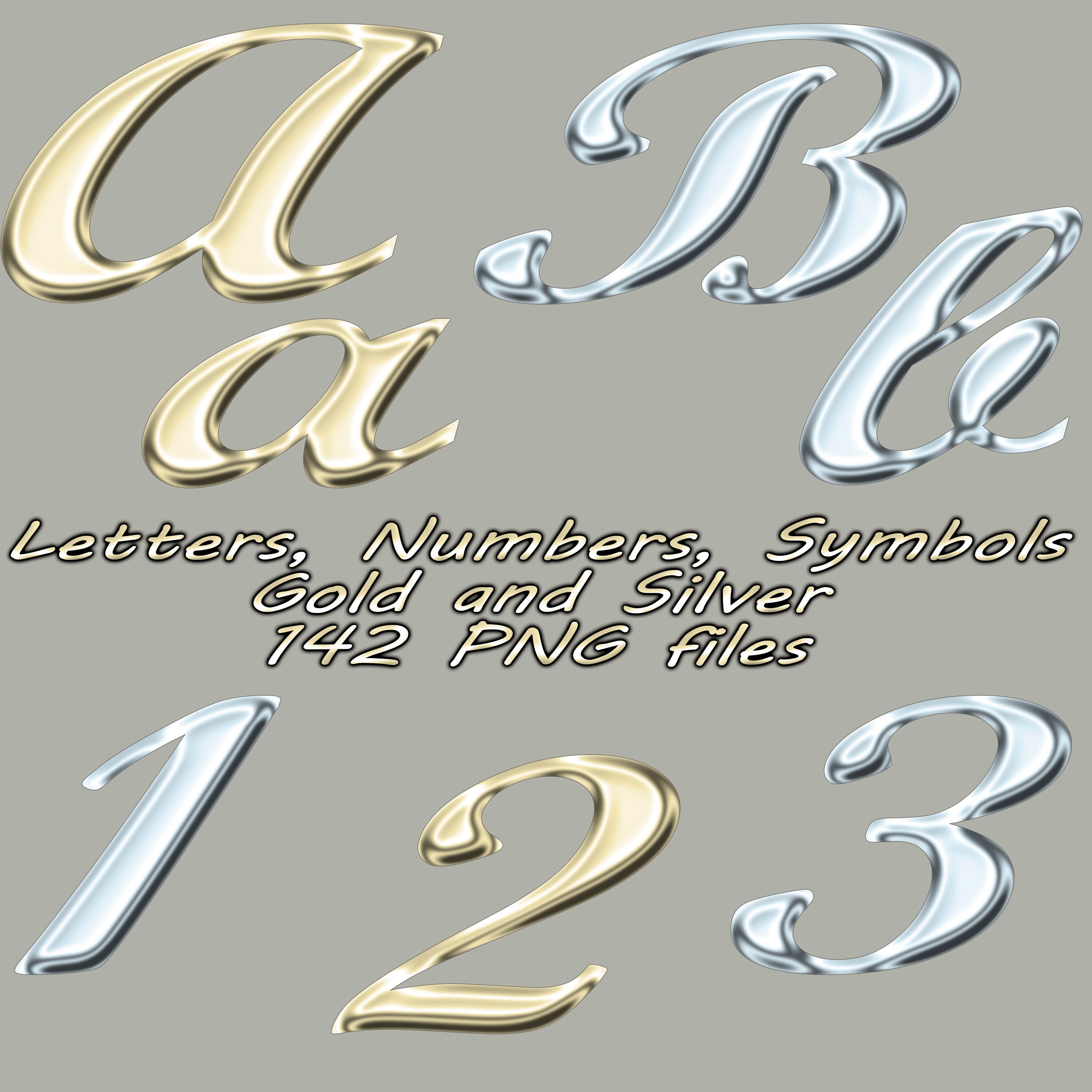 Metallic Alphabet Gold and Silver Clip Art, Metallic Numbers, Digital ...