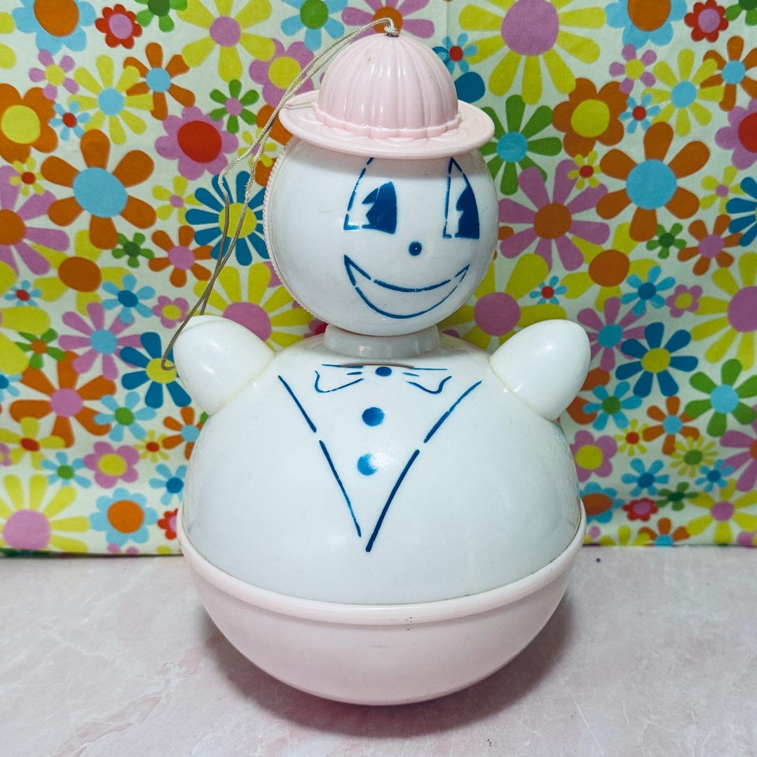 Vintage Large Hard Plastic Roly Poly Crib Toy Rattle/bank, Pink & White ...