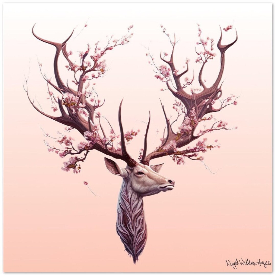 Wild Stag With Cherry Blossom Antlers by Nigel William Hayes - Etsy
