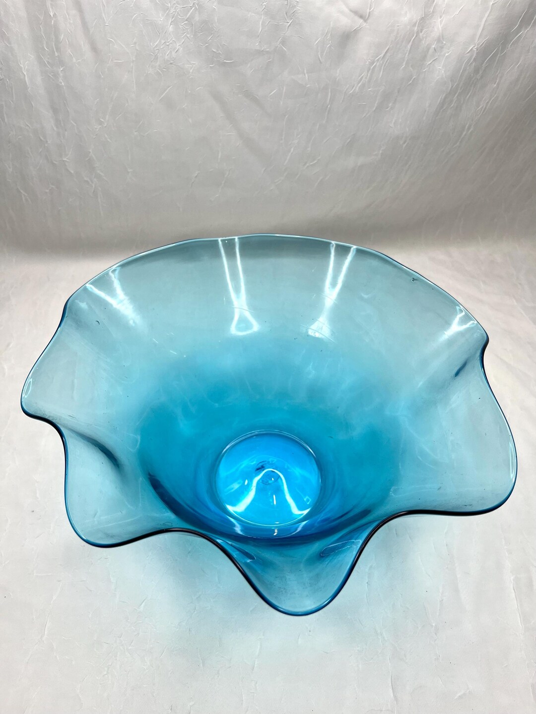 Vintage Blenko Glass Bowl Ruffled Turquoise Blue Mid Century Hand Blown ...