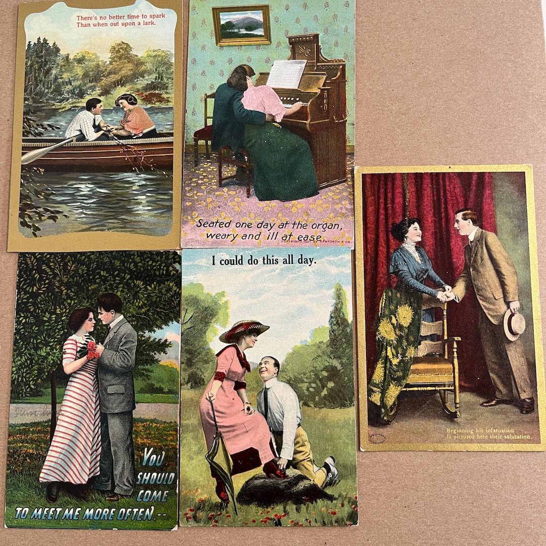 ROMANCE POSTCARDS (5) Couples, Row Boat, Adjusting Shoe, Rowboat, Love ...