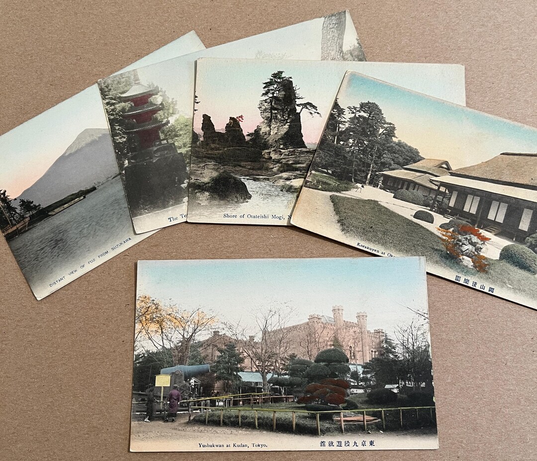 5 JAPAN POSTCARDS, Vintage, Handcolored, Unposted, Temples, Views ...