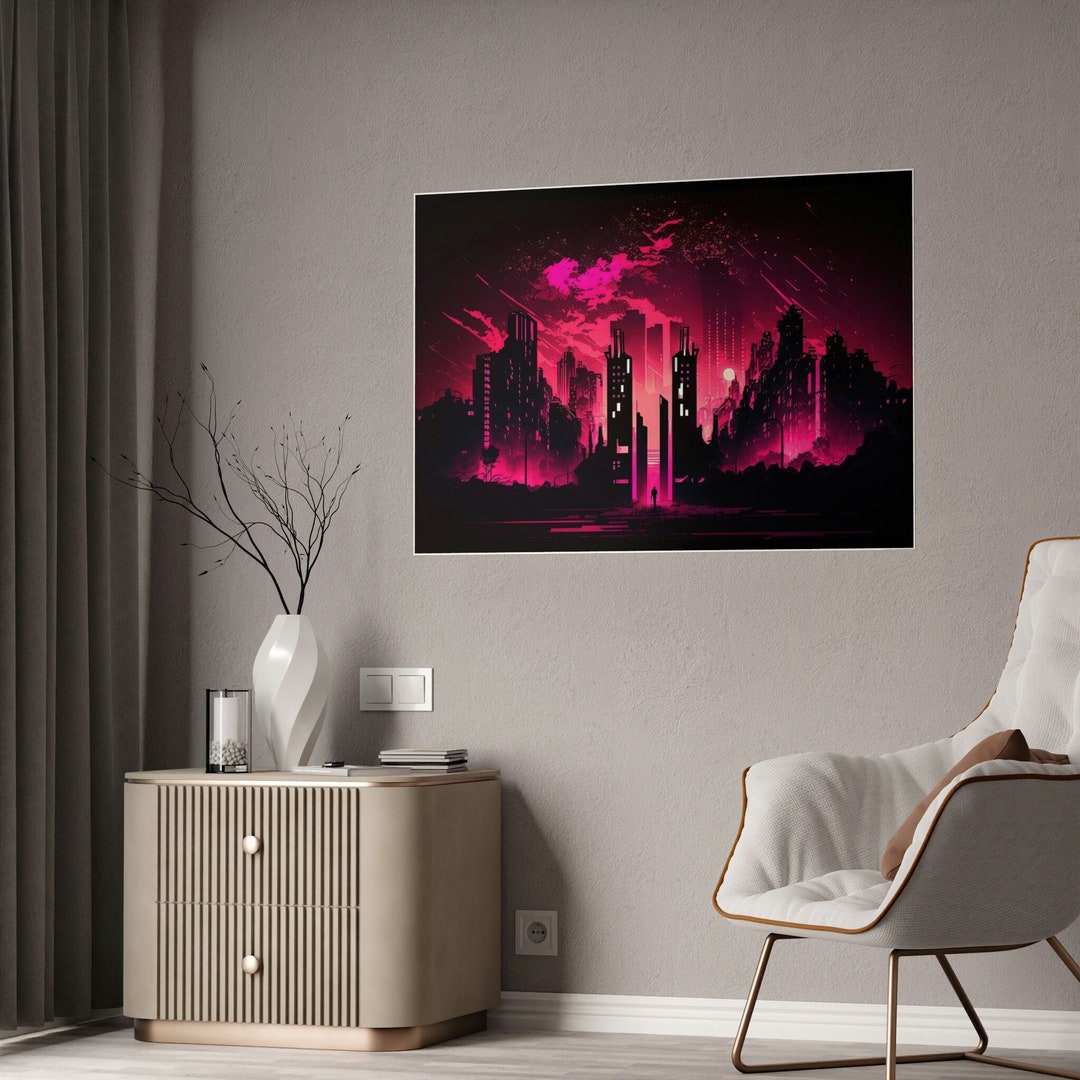 Dark Pink Cyberpunk City Glossy Poster Poster, Hanging Poster, Sci-fi ...