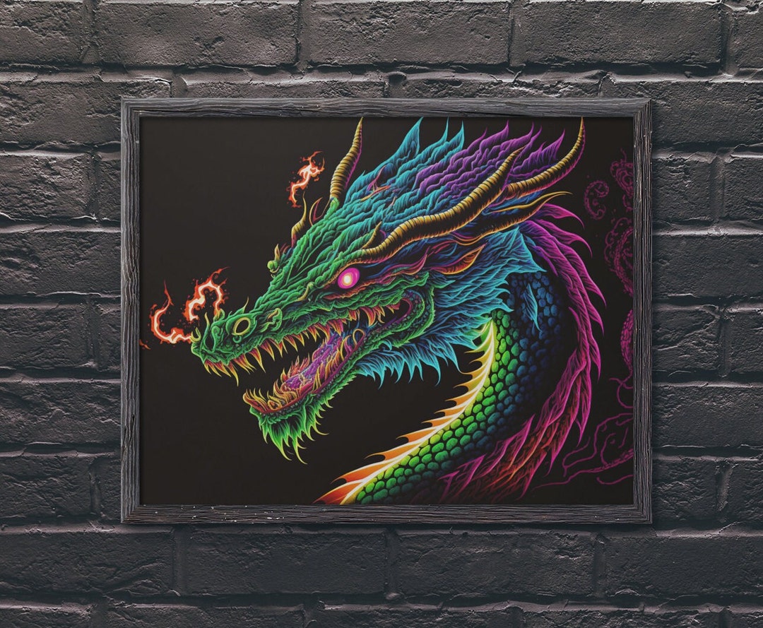 Printable Neon Asian Dragon - Digital Art Print, Wall Art, Square ...