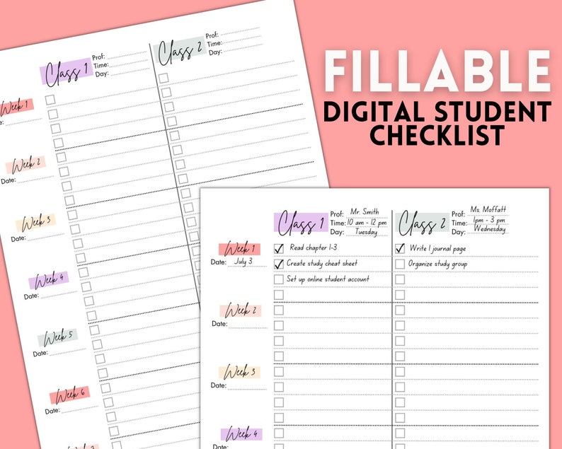 FILLABLE Class Student Checklist, Digital School Schedule, College ...