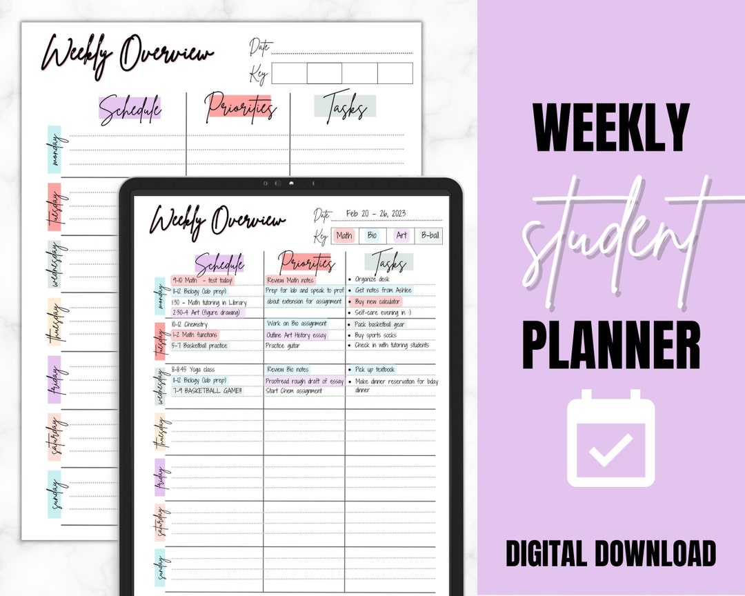 Student Weekly Planner, Printable Weekly Schedule, College Student ...