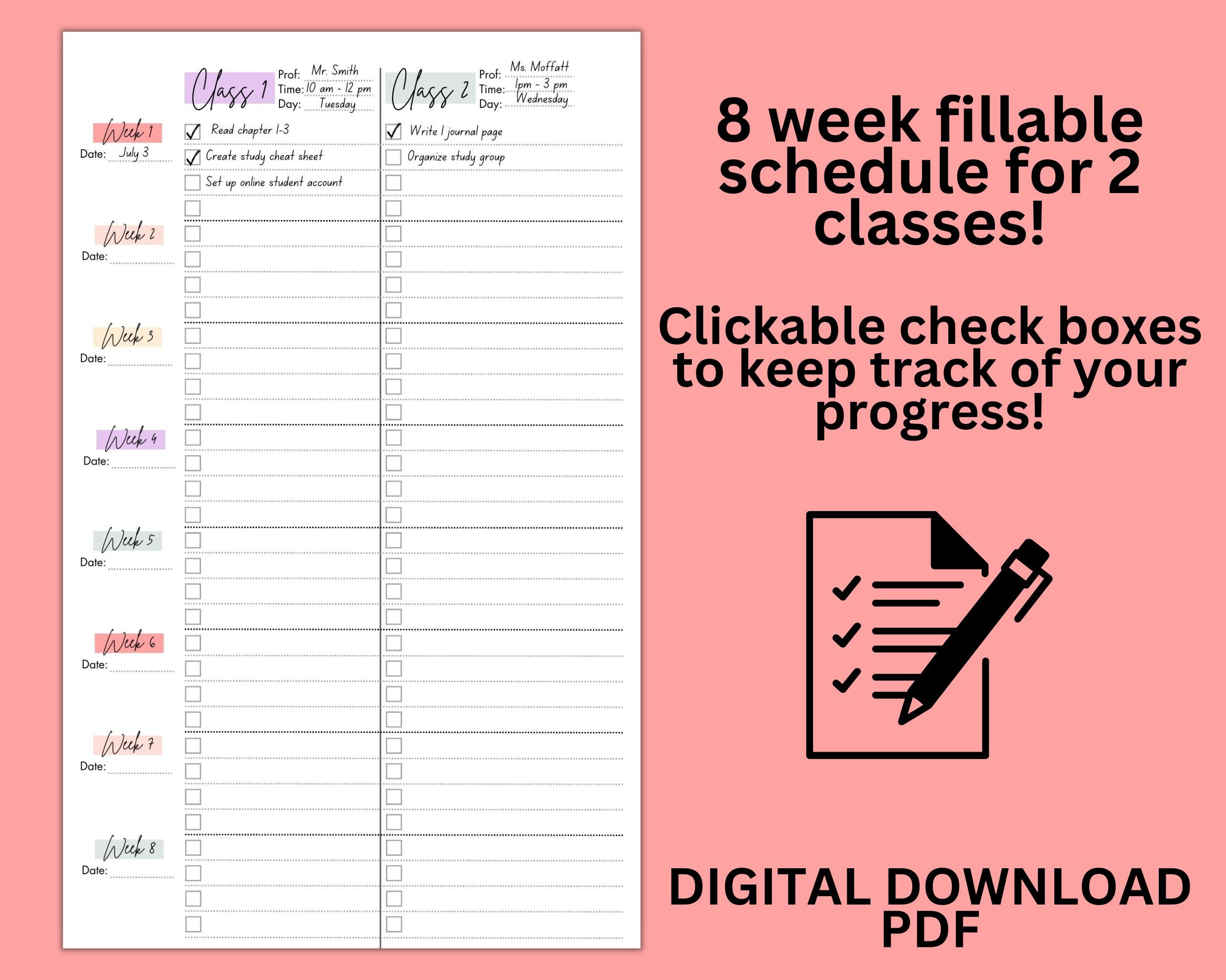 FILLABLE Class Student Checklist, Digital School Schedule, College ...
