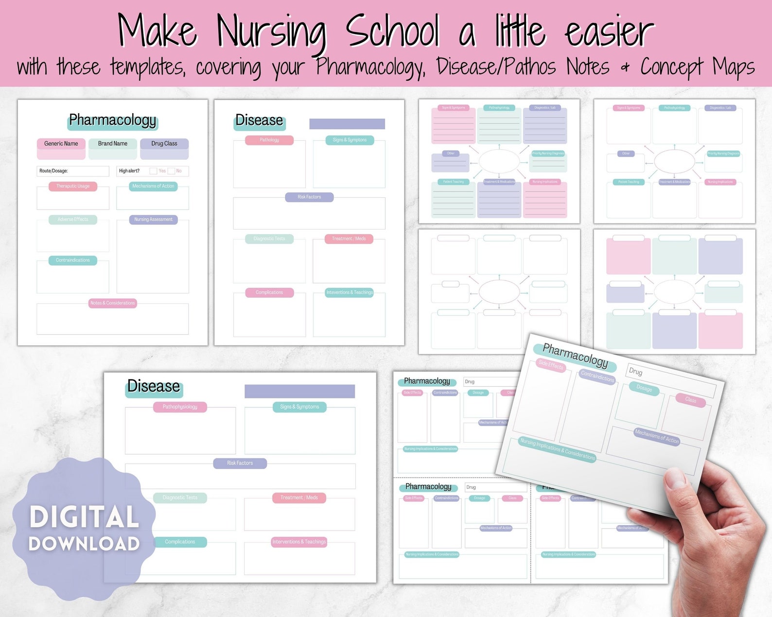 Nurse Student Study BUNDLE, Printable Nursing Notes, Concept Map ...