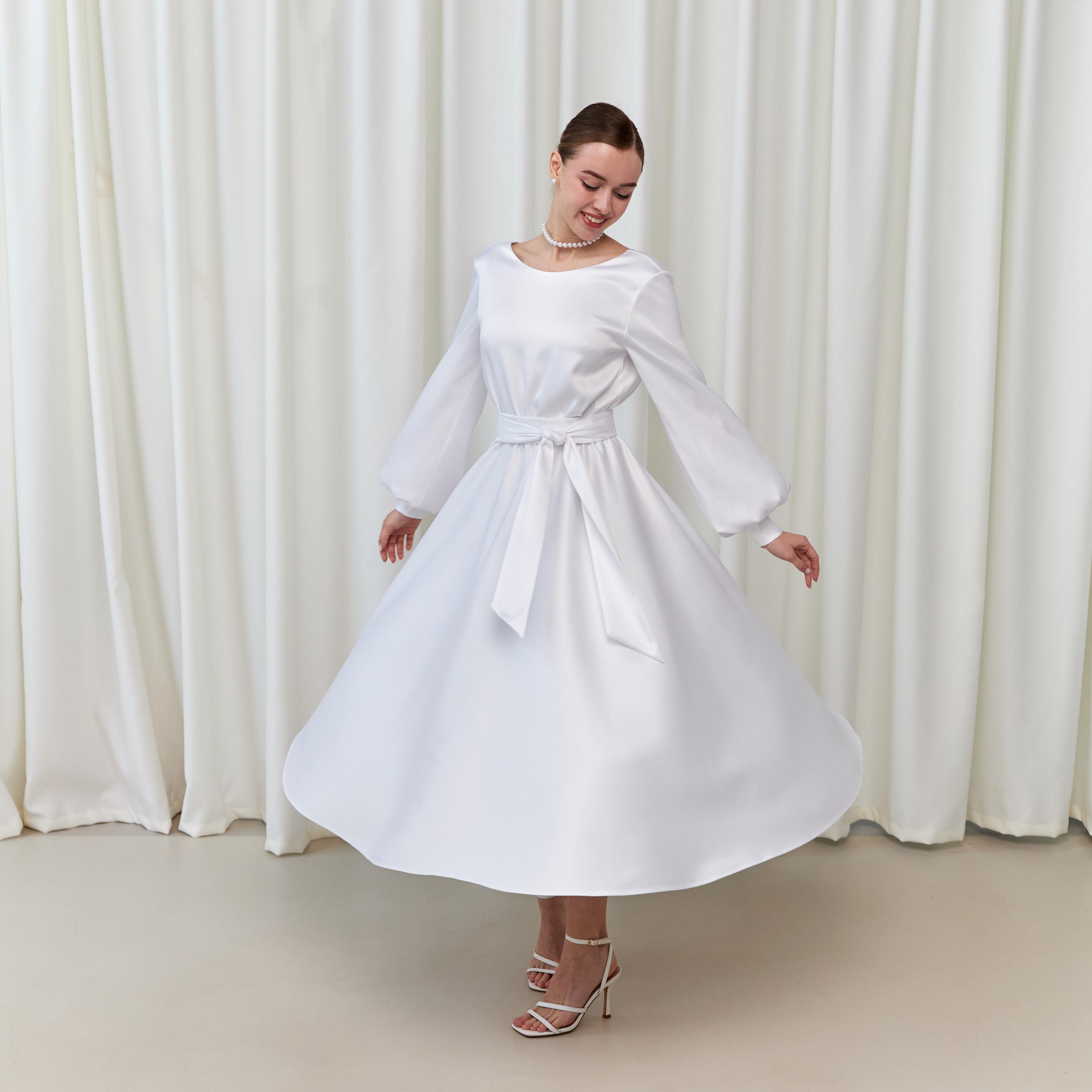 Open Back Engagement Dress White Satin Wedding Dress Long Sleeve ...