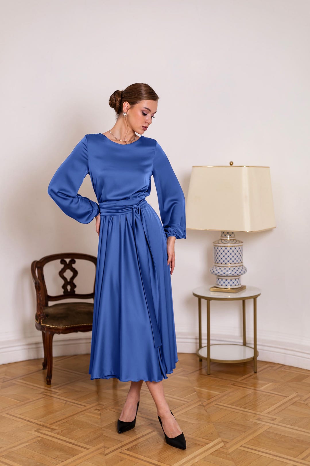 Satin Midi Dress Wedding Guest Dress Long Sleeve Modest Evening Dress ...