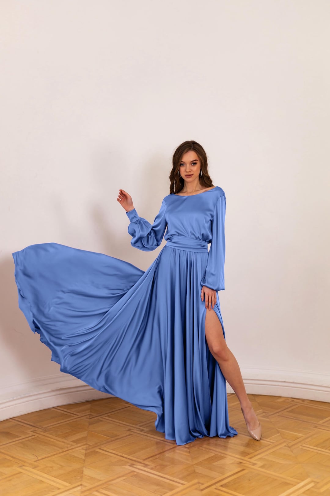 Blue Satin Maxi Dress Long Sleeve Bridesmaid Dress Evening Gown Floor ...