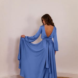 Low Back Evening Gown Satin Blue Bridesmaid Dress Floor Length Open ...