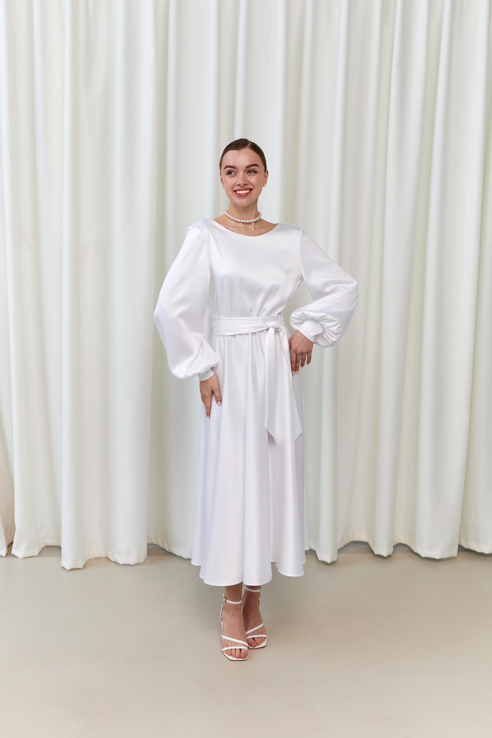 Open Back Engagement Dress White Satin Wedding Dress Long Sleeve ...