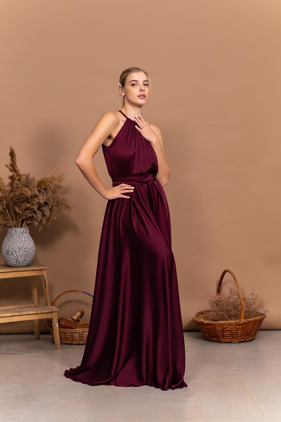 Halter Neckline Dress Maroon Sleeveless Satin Flowy Dress Custom ...