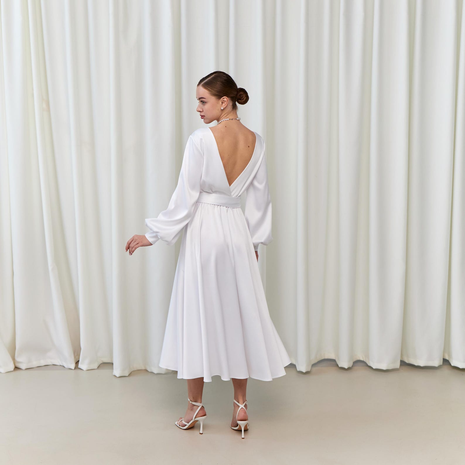 Open Back Engagement Dress White Satin Wedding Dress Long Sleeve ...
