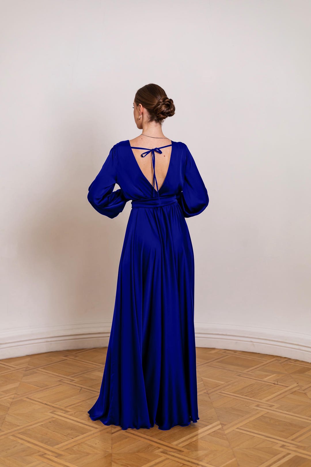 Electric Blue Open Back Evening Gown Long Sleeve Satin Engagement Dress ...