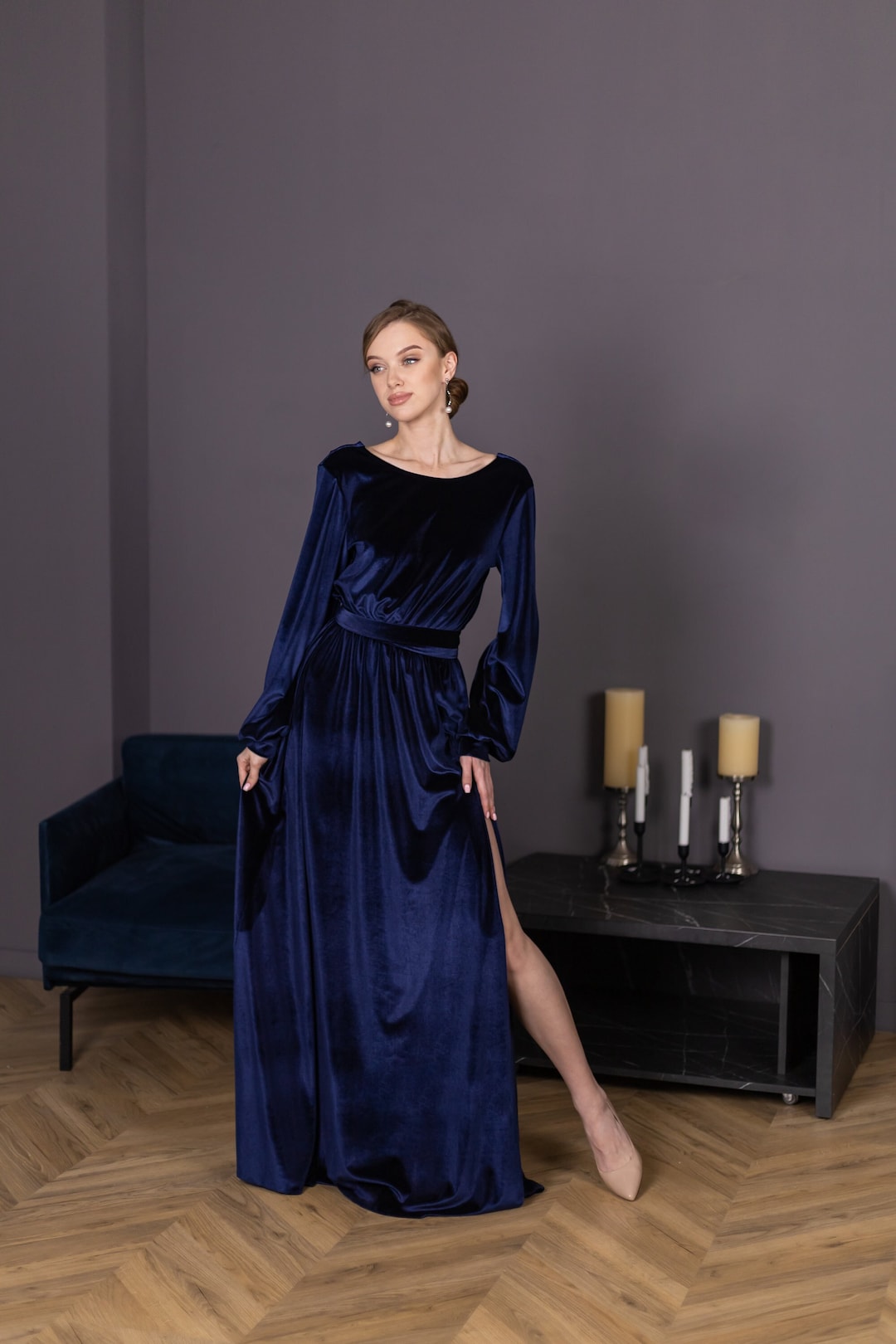 Navy Blue Velvet Dress - Long Elegant Dress - Velvet Bridesmaid Dress ...