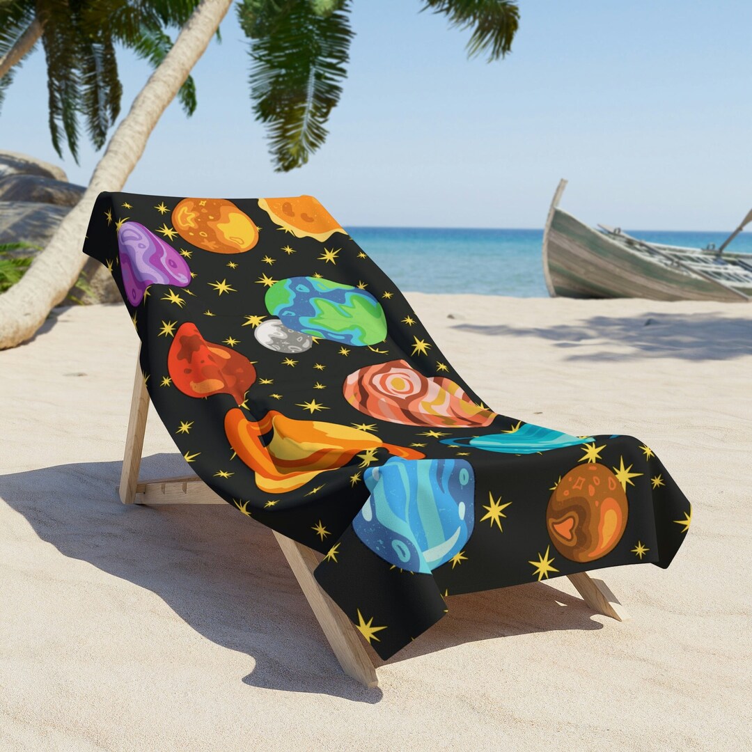 Solar System Beach Towel Black Cartoon Planets Universe Vacation Summer ...