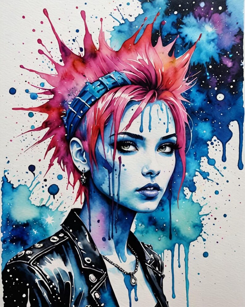Galaxy Watercolor Print Cosmic Punk Rock Girl Fauxhawk Drips Splatter ...