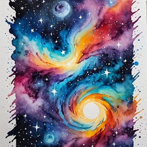 Watercolor Galaxy Print: Rainbow Dueling Galaxies Home Decor (digital ...