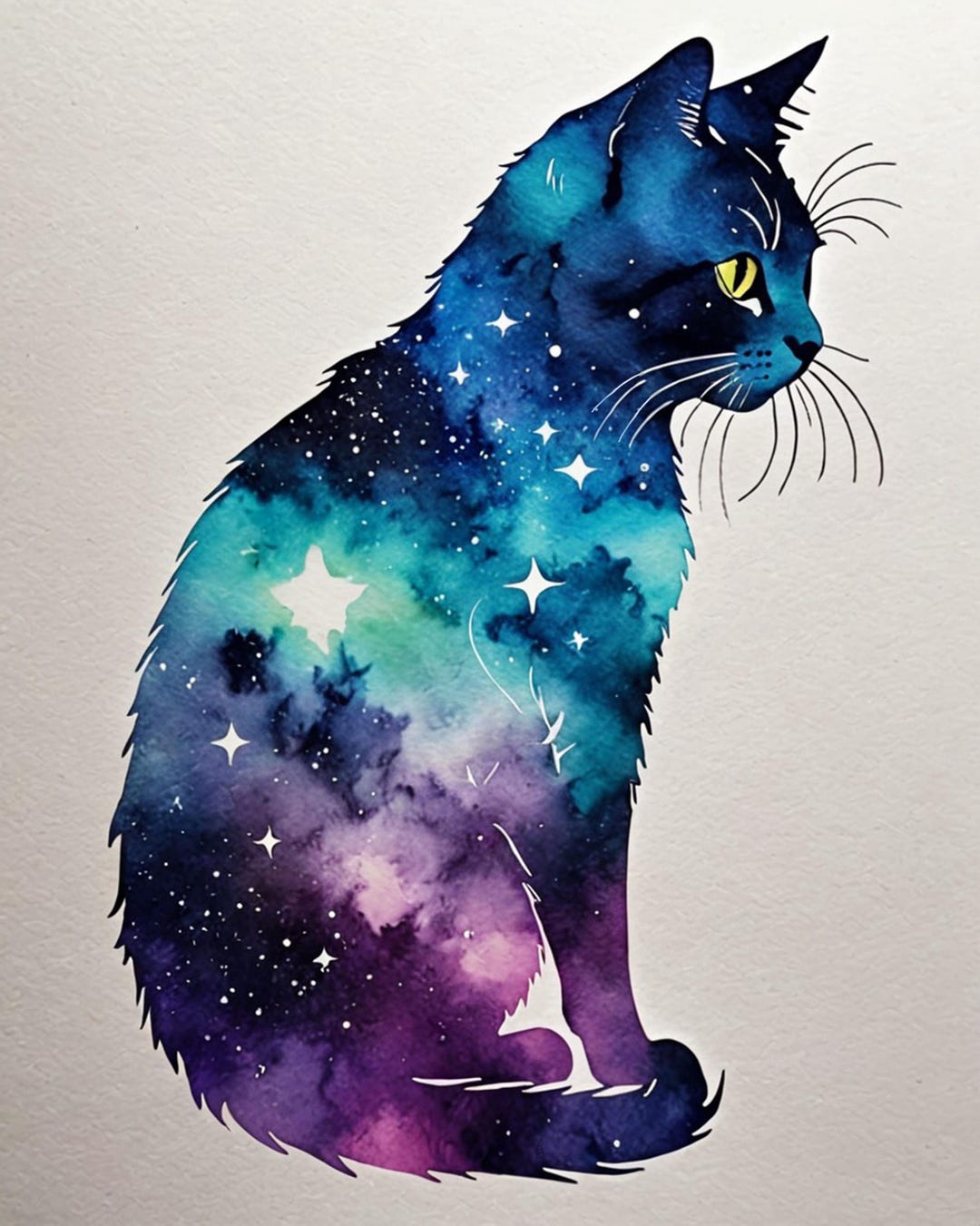 Galaxy Watercolor Print Cat Universe Stars Magical Download Whimsical ...