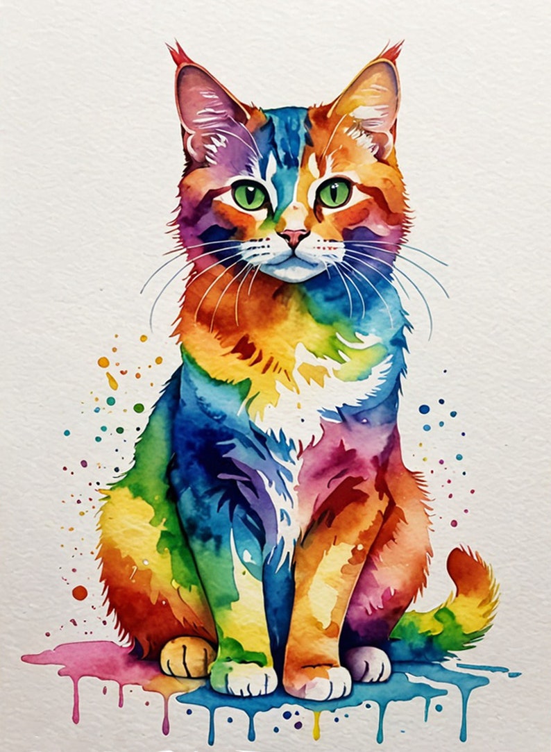 Galaxy Watercolor Cat Print: Rainbow Tabby, Fantasy Art (digital ...