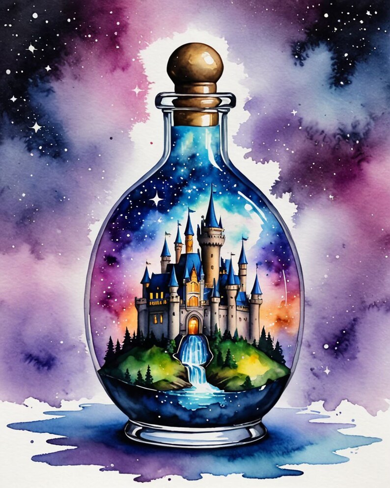 Watercolor Print Download Galaxy Castle in a Bottle Scrapbooking ...
